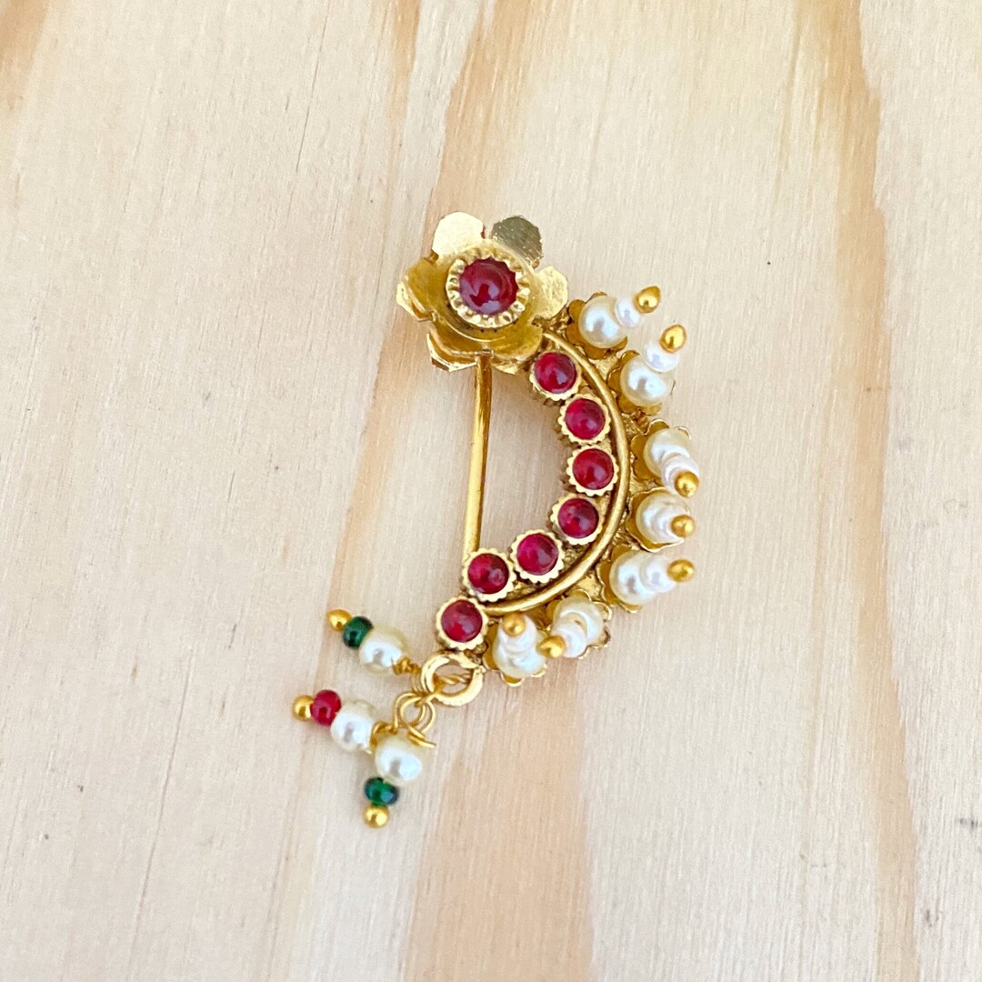 Gold Matte Finish Clip-on Nose Ring, Ruby-green Pearl Nath,indian ...