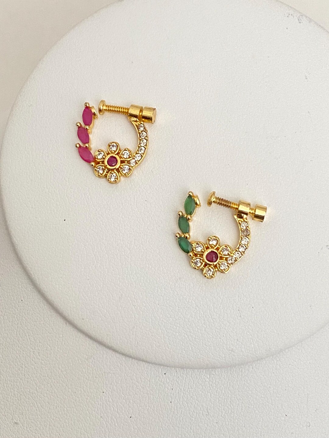 Gold Matte Finish Clip-on Nose Ring, Ruby-green Pearl Nath,indian ...