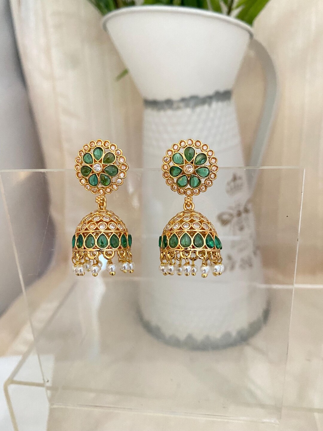 Gold Finish Ruby Green Kemp Stone, Antique Jhumka Earrings,indian Bollywood Jewelry,south Indian ...