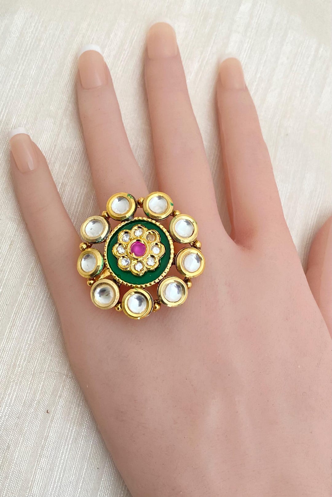 Gold Plated Round Shaped Kundan Ring,adjustable Fashion Kundan Finger ...