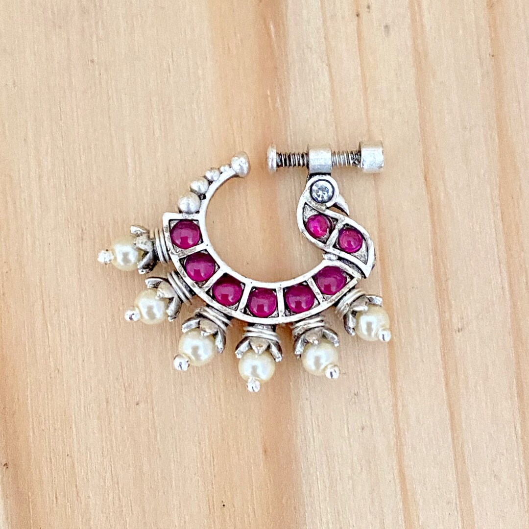 Silver Matte Finish Clip-on Nose Ring, Peacock Nath,indian Bollywood ...