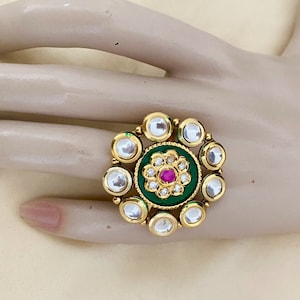 Gold Plated Round Shaped Kundan Ring,adjustable Fashion Kundan Finger Ring,green-ruby Color ...