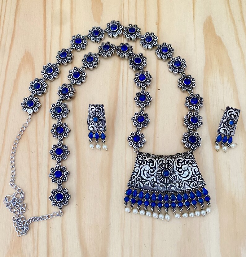 Oxidized Silver Set, Haram Necklace,flower Motif Chain,ruby,black,multi ...