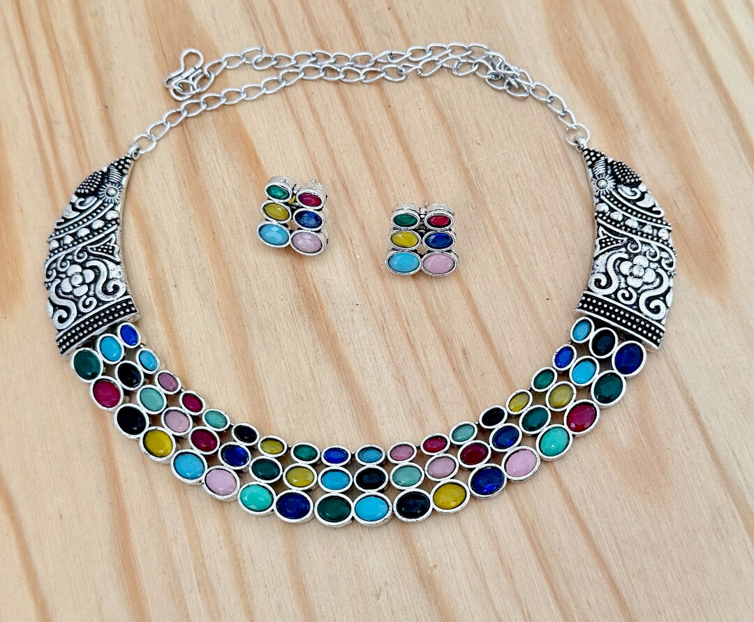 Silver Oxidized Hasli Style Necklace,lightweight Stud Oxidized Earrings ...