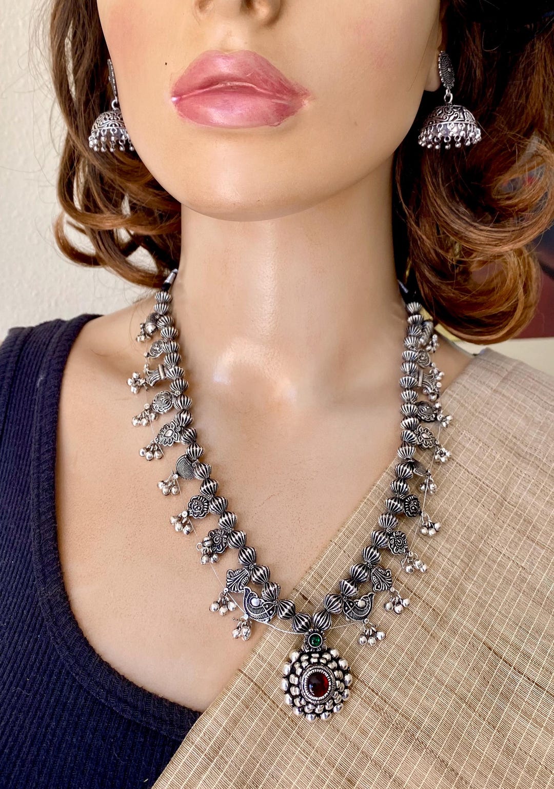 Silver Oxidized Kolhapuri Thushi Nauvari Necklace,pink Stone Pendant ...