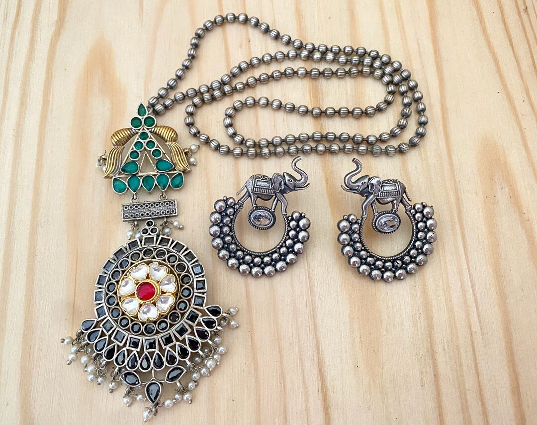 German Silver Chain Necklace,ruby,green Pachi Kundan Pendant,fusion ...