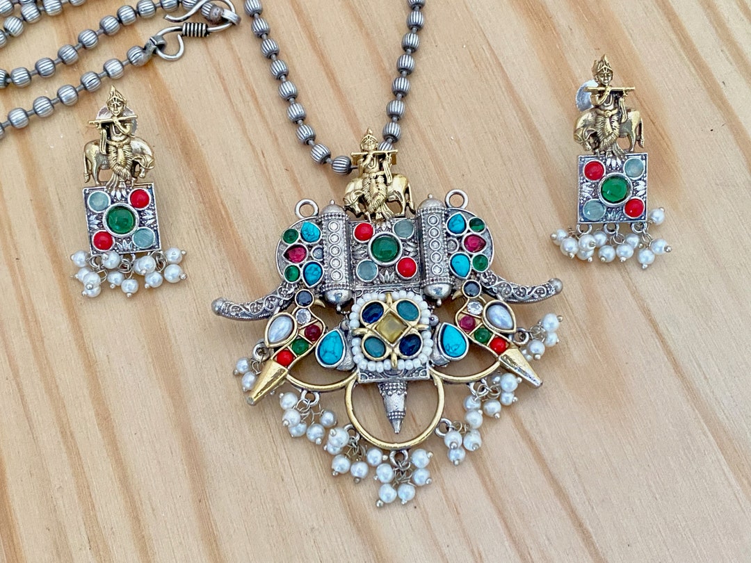 German Silver Pendant,dual Tone,matar Mala Long/haram Necklace,stud ...