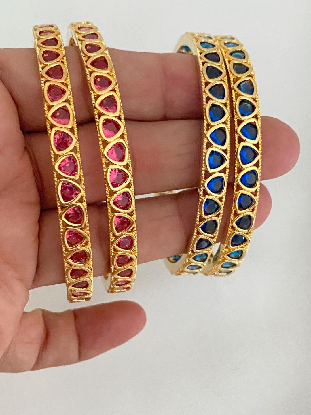 Gold Finish,ruby, Blue Stone Bangles,indian Jewelry,south Indian ...