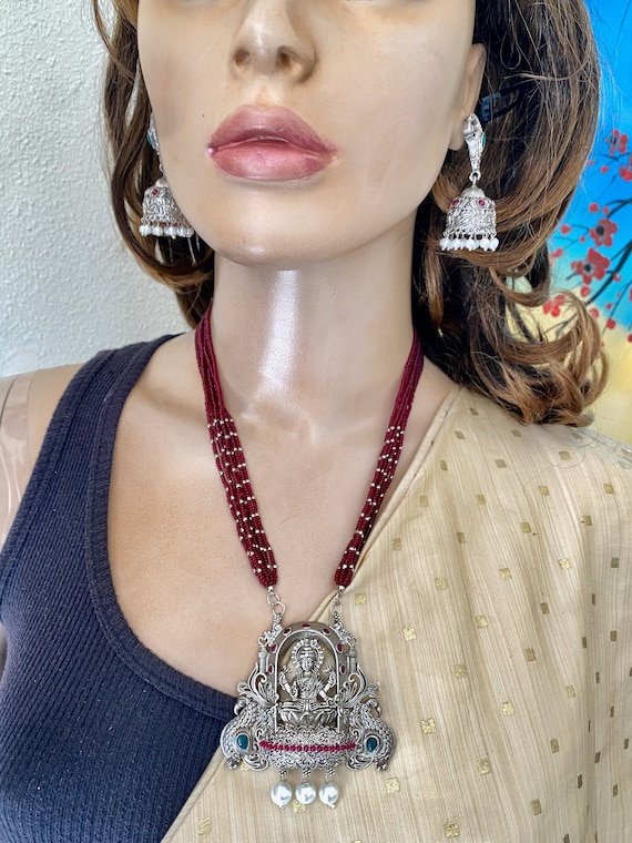 Silver Matte Finish temple Pendant jhumka Earrings small Beaded Mala Necklace ruby green Kemp Stone south Indian Jewelry ethnic Necklace Etsy