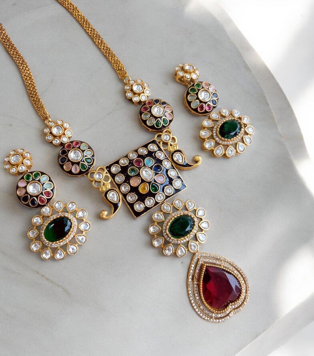 Polki Moissanite Multi-color Necklace,dangle Earrings,gold Plated ...