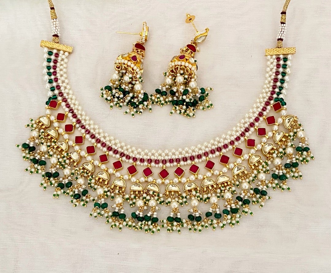 Pachi Kundan Ruby-green Color Necklace With Pachi Kundan Jhumka ...