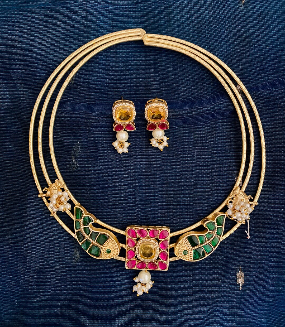 Gold Plated Hasli,pachi Kundan Fish Pendant,pachi Earrings,clustered ...