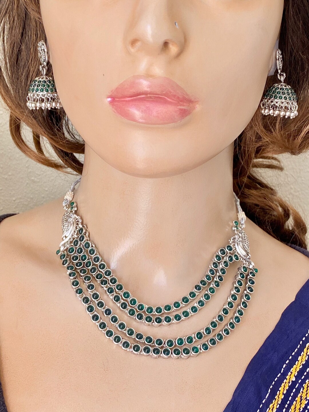 Silver Matte Finish,three Layered,ruby/pink-green Kemp Stone Necklace,lightweight Jhumka ...