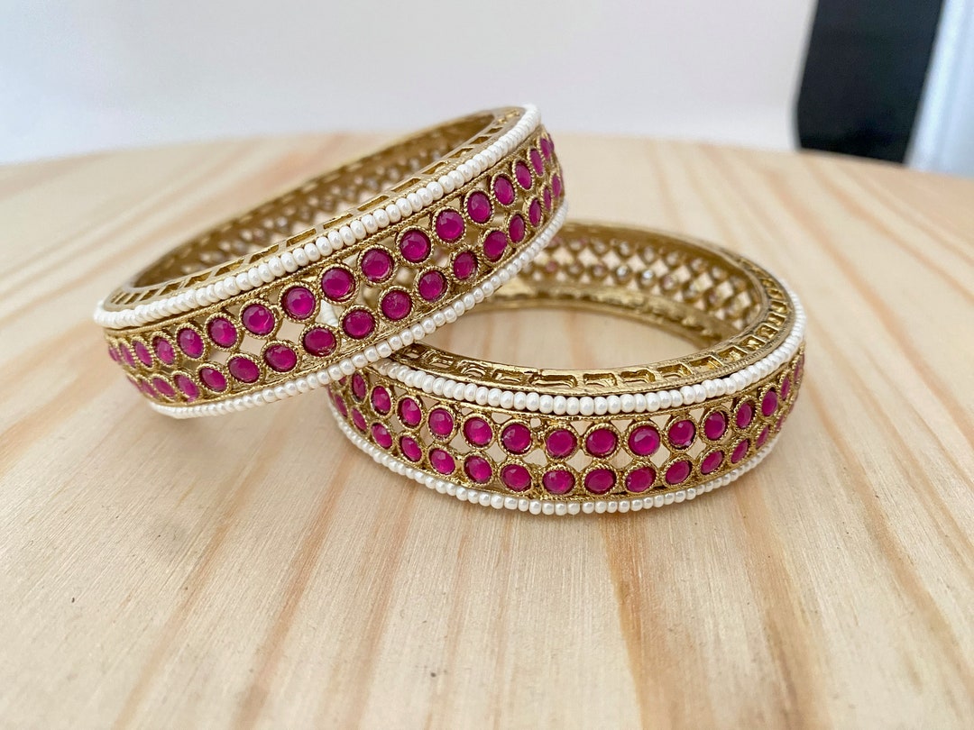 Gold Plated,antique Finish Bangles,ruby,peach Stone Bangles,indian ...