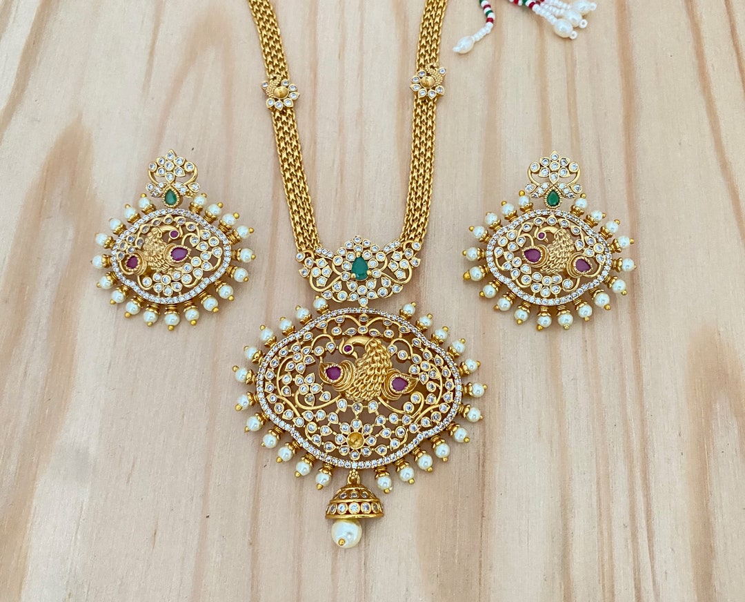 Matte Gold Finish,white AD and Ruby-green Kemp Stone Necklace With ...