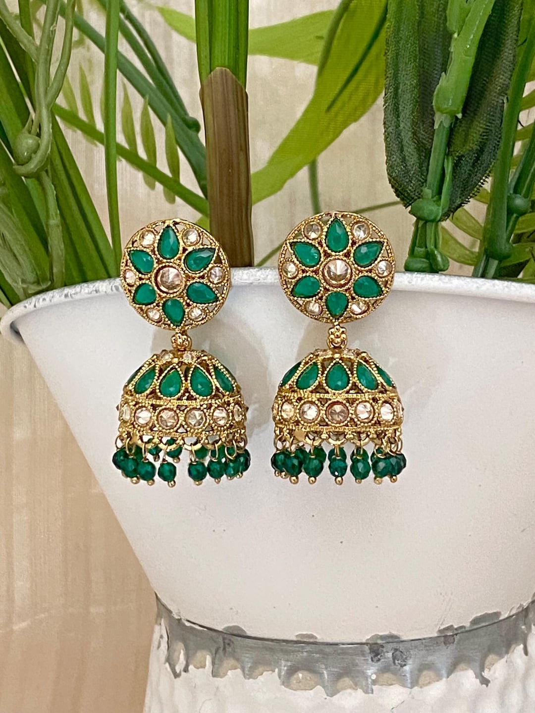 Mehandi Finish,ruby,green,clear Stone,antique Jhumka Earrings,south ...