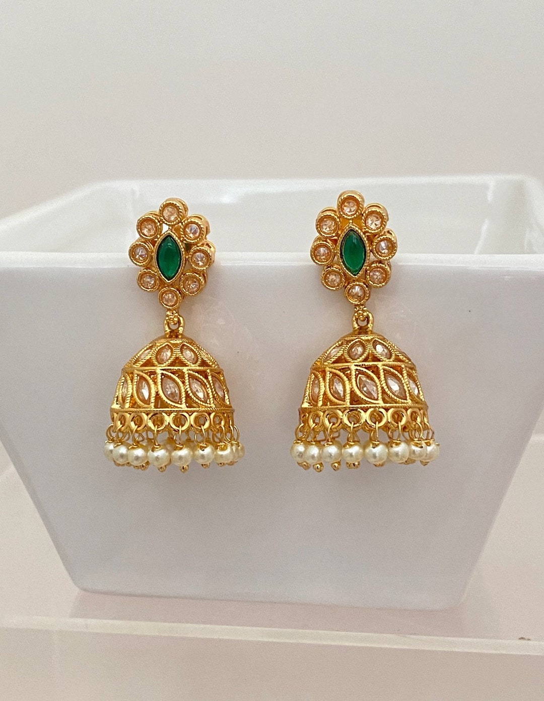 Gold Finish Ruby Green Kemp Stone, Antique Jhumka Earrings,indian Bollywood Jewelry,south Indian ...