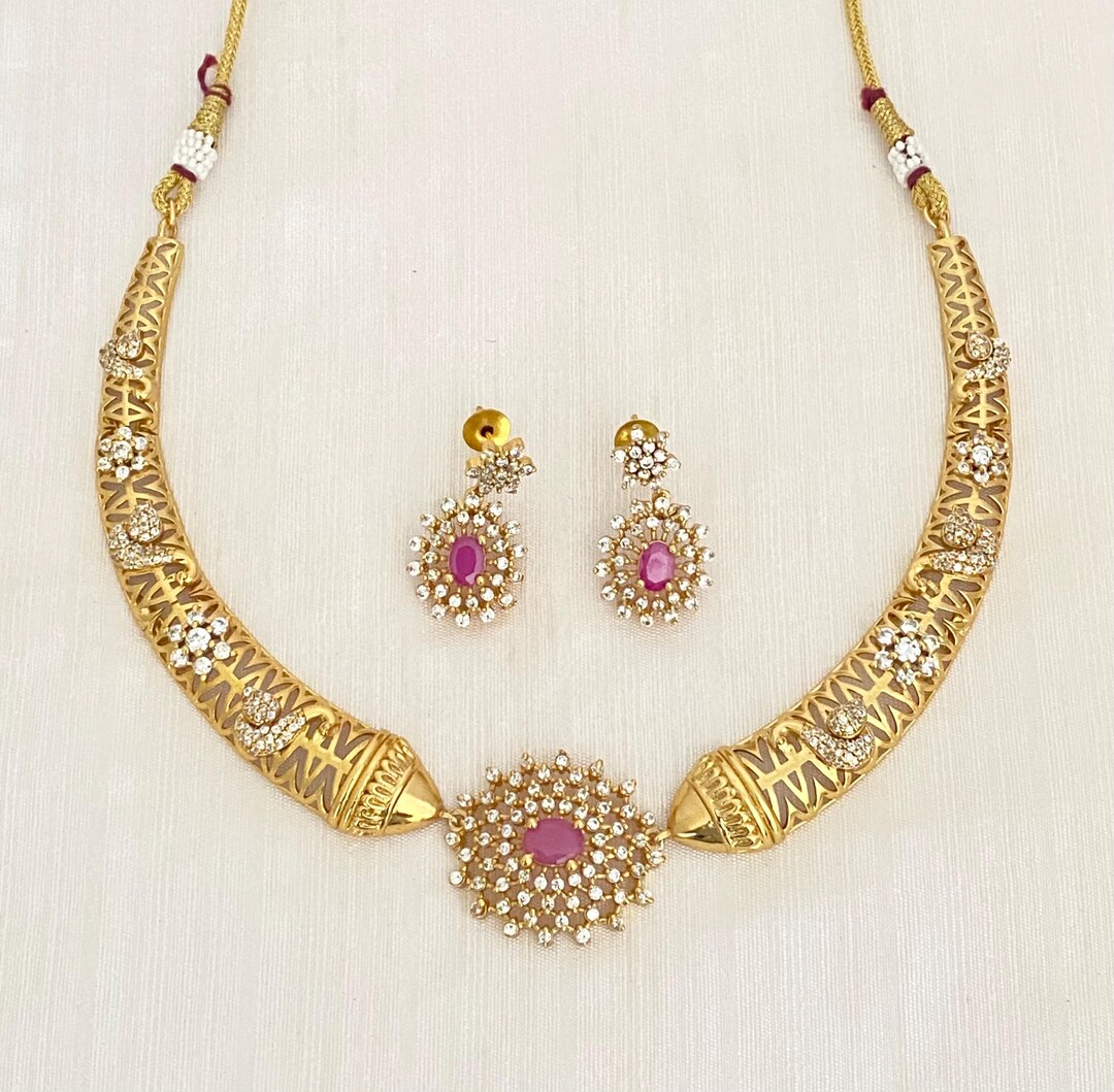 Gold Matte Finish,hasli Style Ruby Necklace,dangle Earrings,bollywood ...