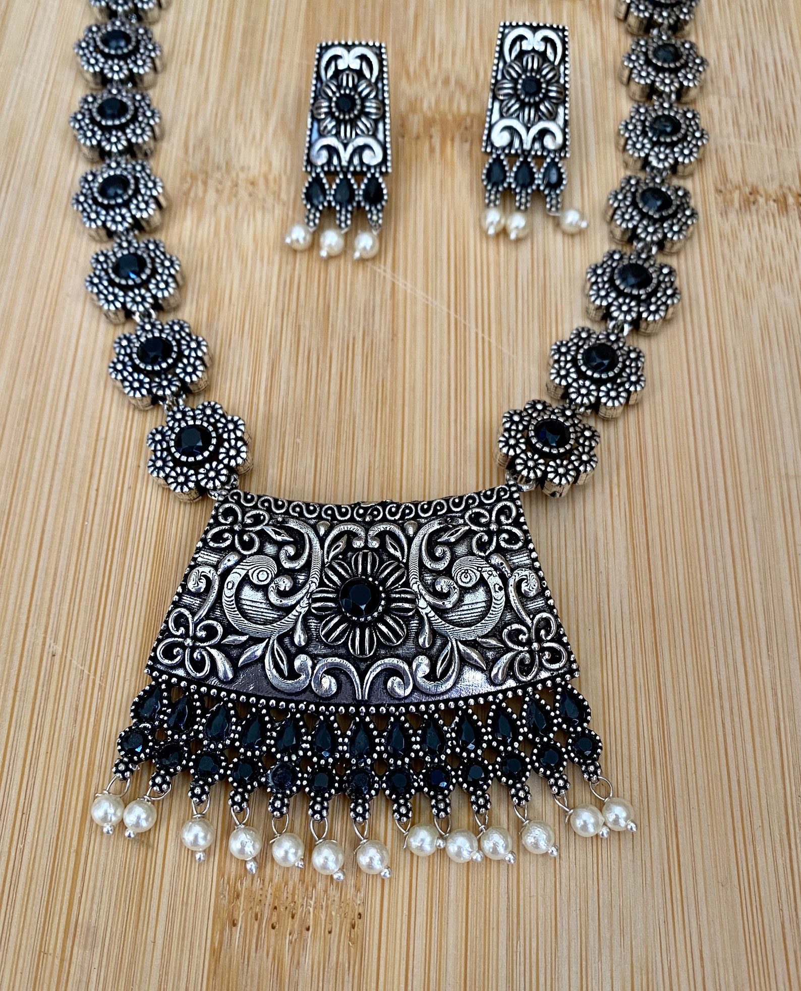 Oxidized Silver Set, Haram Necklace,flower Motif Chain,ruby,black,multi ...