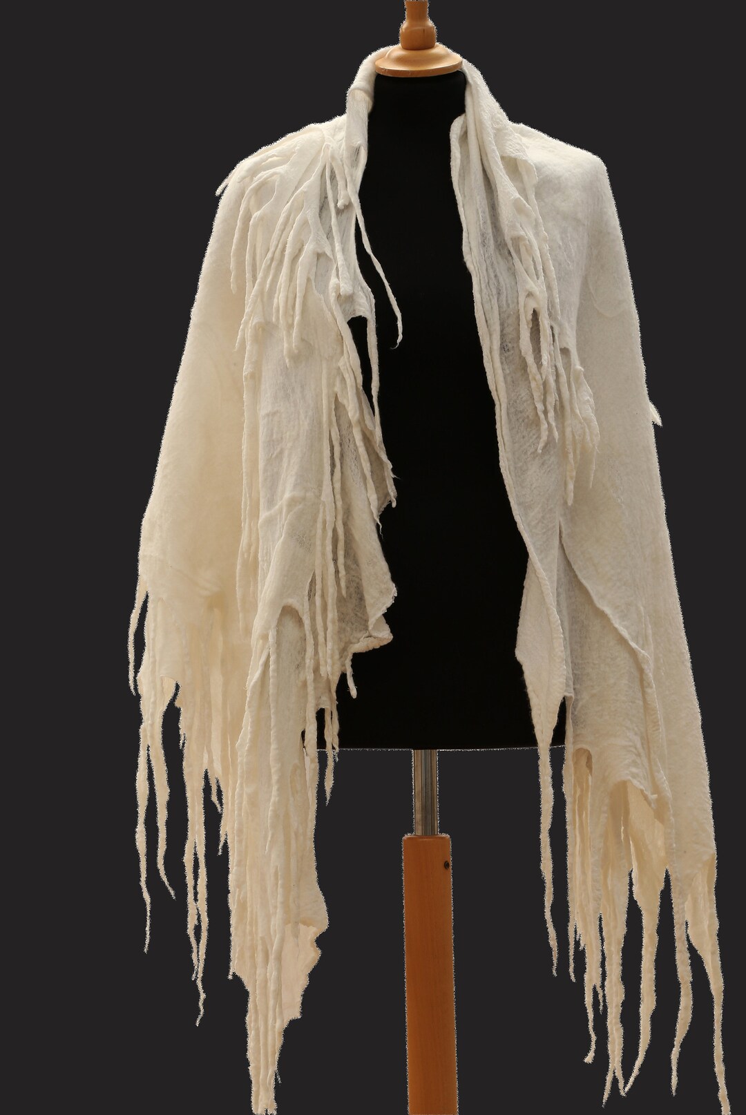 Felted Shawl, White Boho Fringe Shawl, Handmade Extra Fine Merino Wool ...