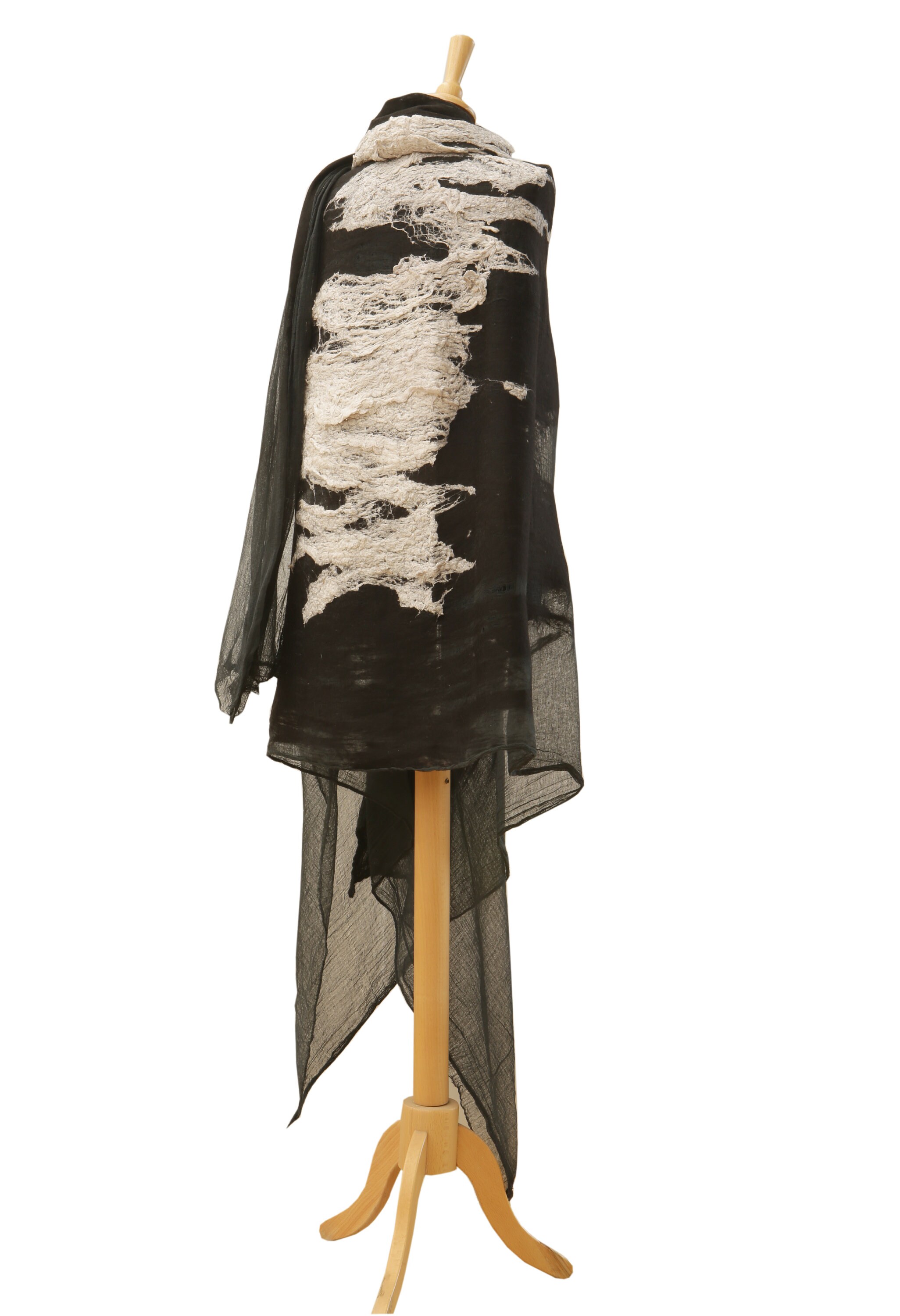 RAW Silk SHAWL, Ruana, Wrap, Nuno Felt Huge Handmade Black and White ...