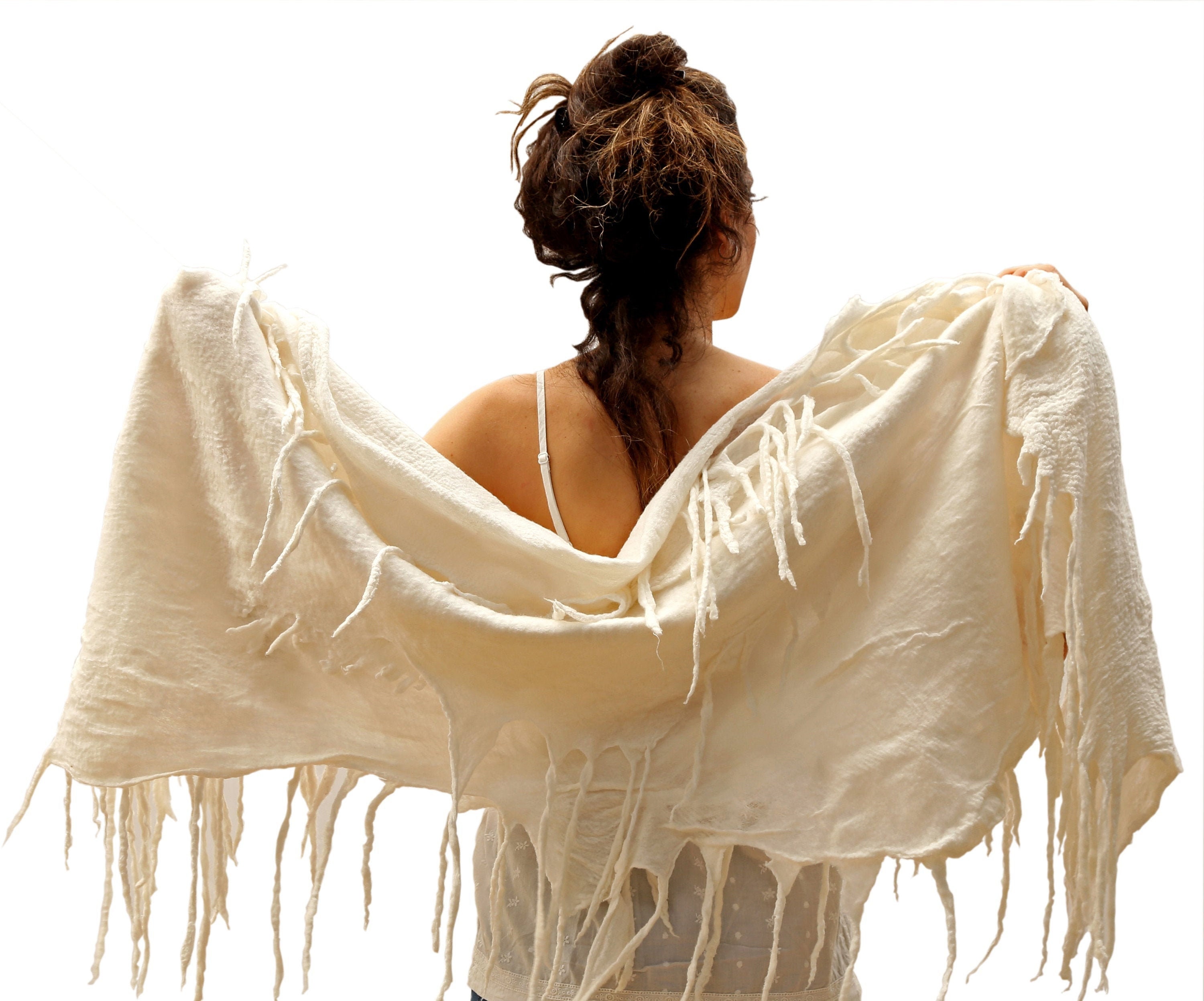 Felted Shawl, White Boho Fringe Shawl, Handmade Extra Fine Merino Wool ...