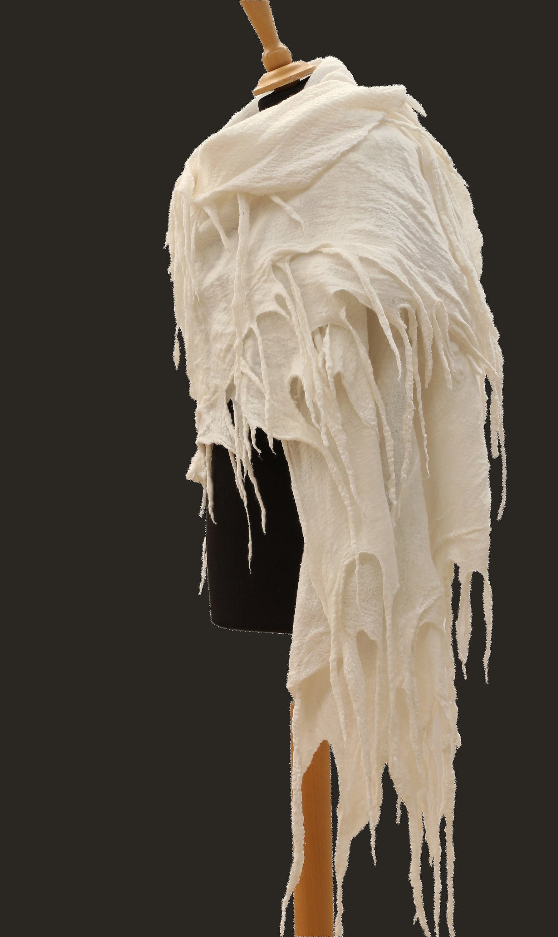 Felted Shawl, White Boho Fringe Shawl, Handmade Extra Fine Merino Wool ...