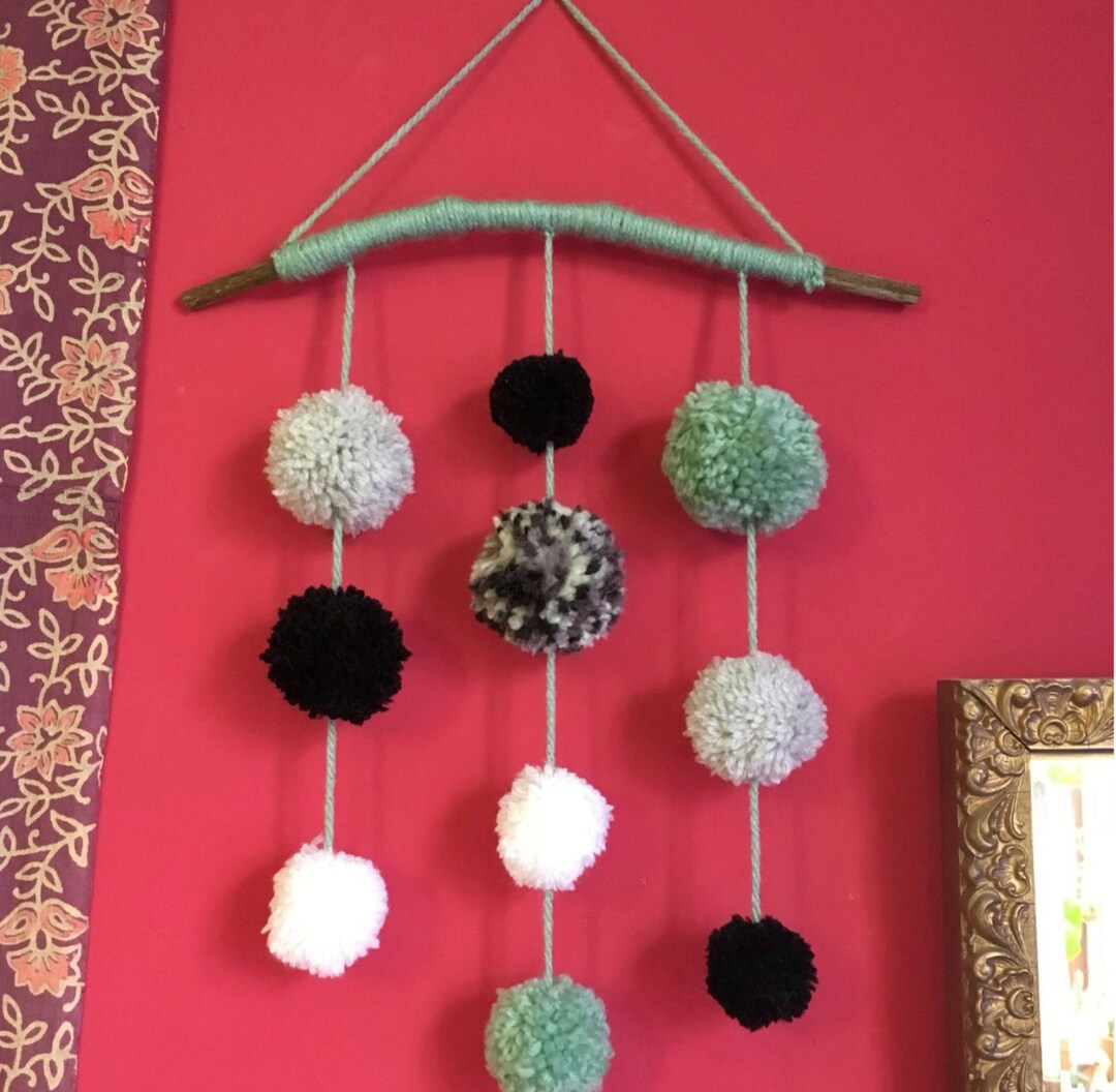 Pom Pom and Rustic Wood Wall Hanger - Etsy