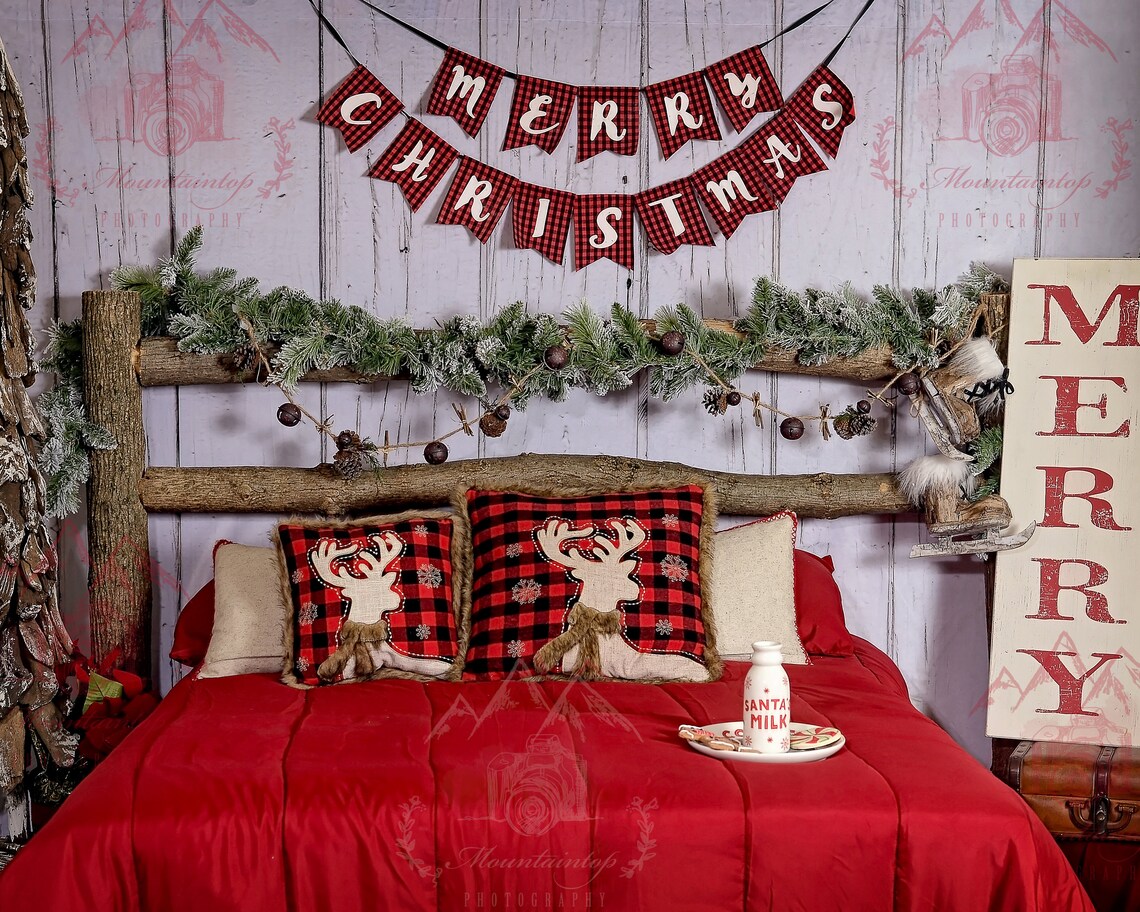 Christmas Bed Rustic Digital Background Backdrop Wood Merry | Etsy