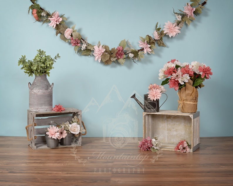 Easter Spring Digital Background Blue With Pink Flowers Backdrop for ...