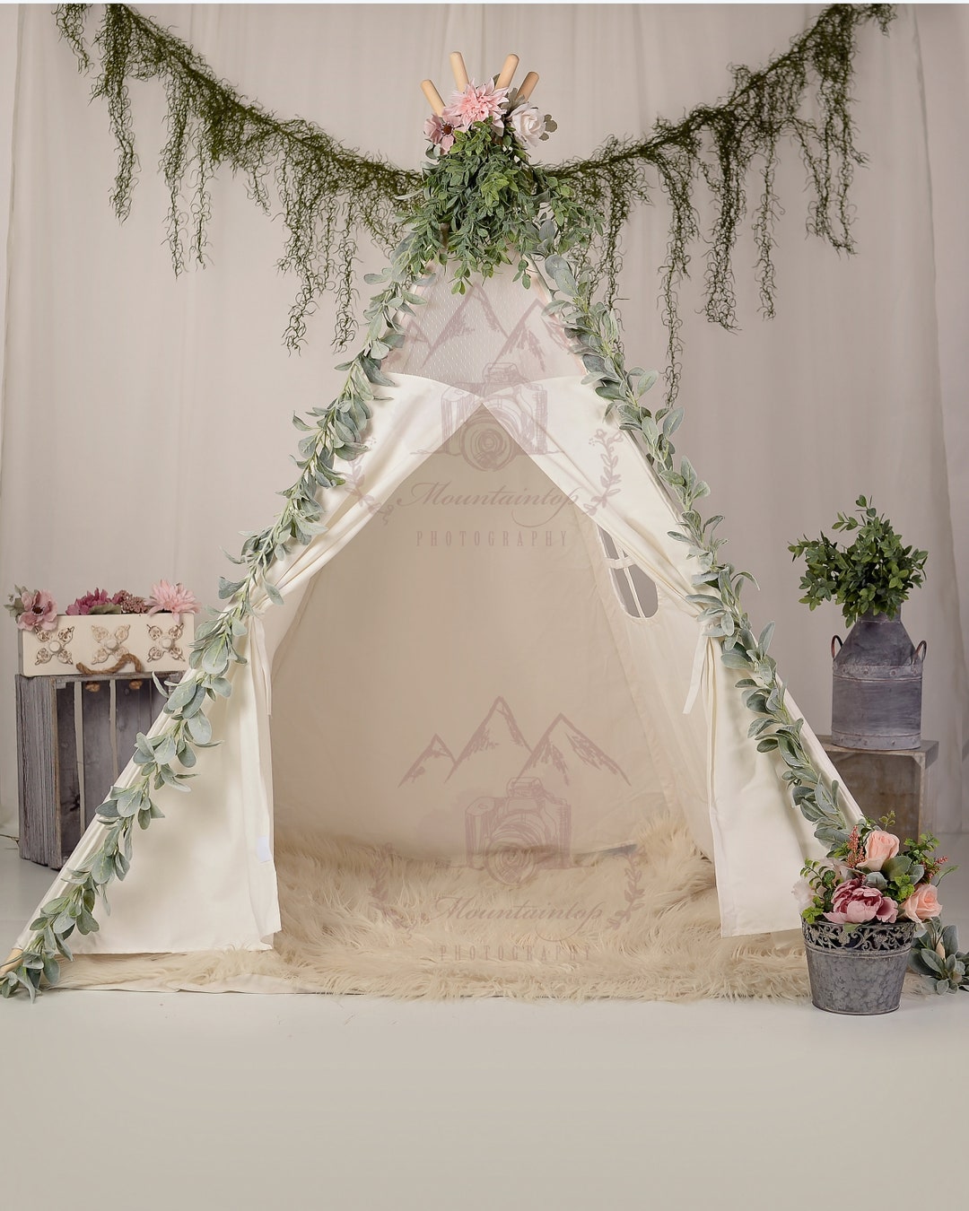 Spring White Teepee Tee Pee Tent Pink Flowers Easter Birthday Shabby ...