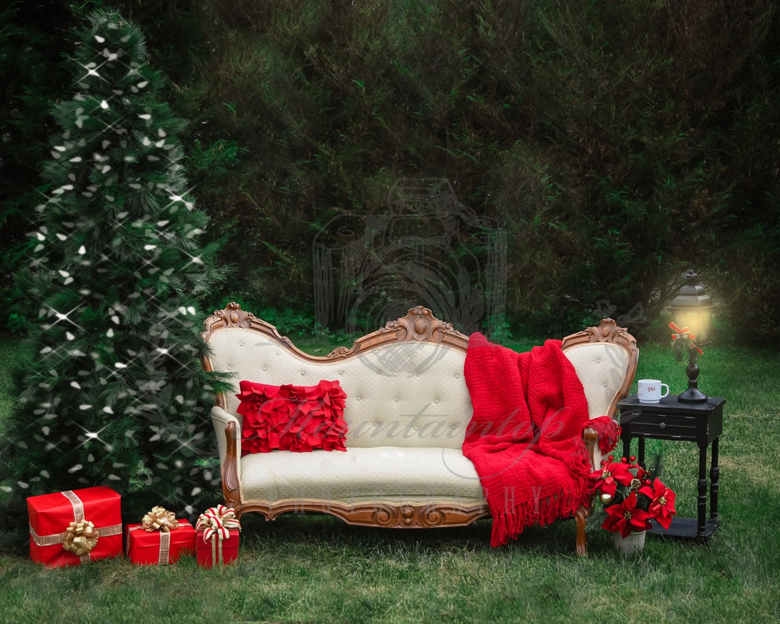 Christmas Holiday Outdoor Tree Scene With Couch and Lights Digital ...