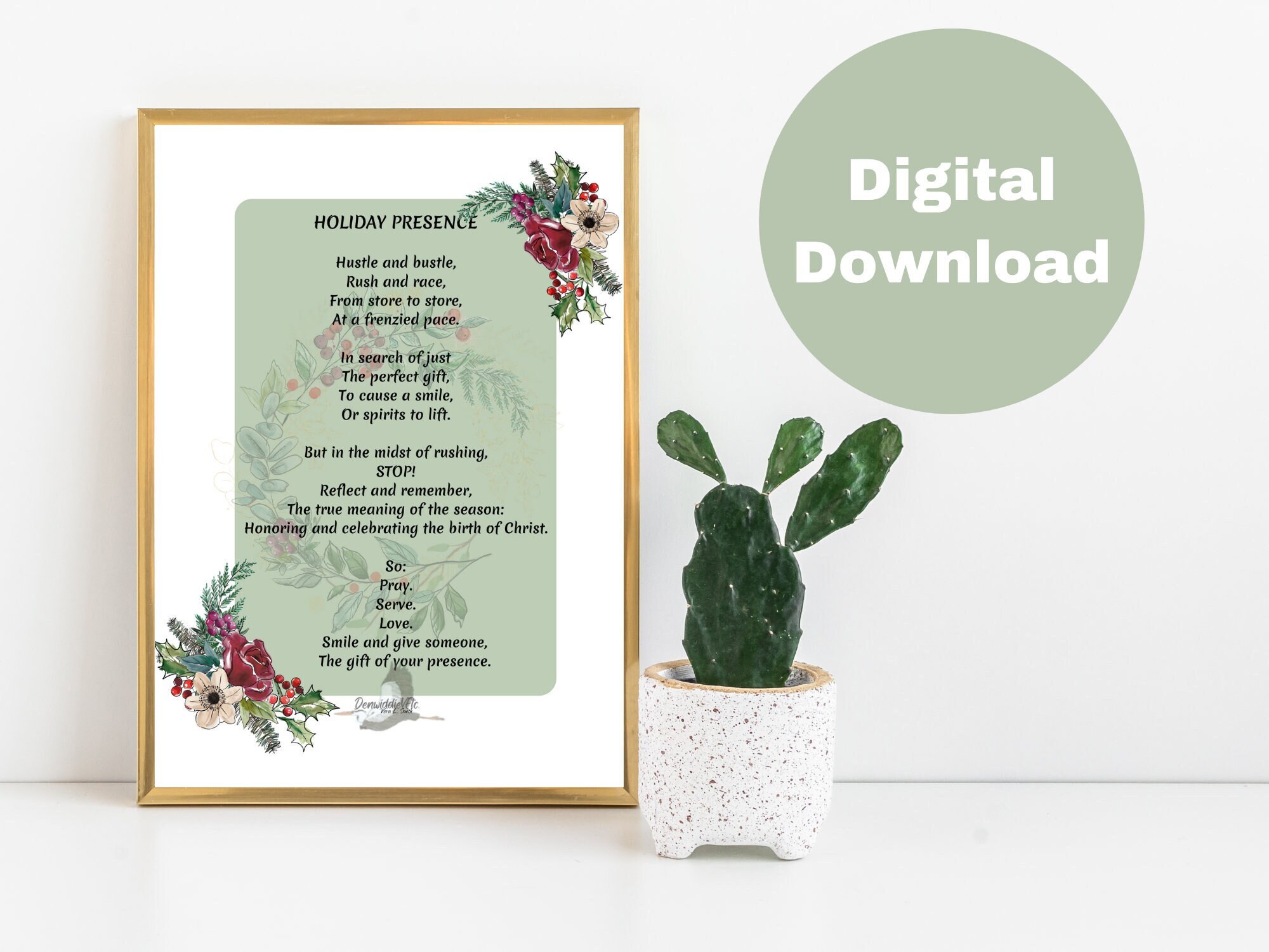 Holiday Presence Poem, Green Christmas Wreath, Inspirational Printable ...