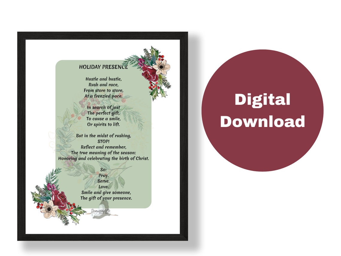 Holiday Presence Poem, Green Christmas Wreath, Inspirational Printable ...