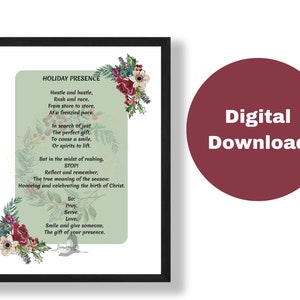 Holiday Presence Poetry Green Printable Wall Art, Christmas Poem ...