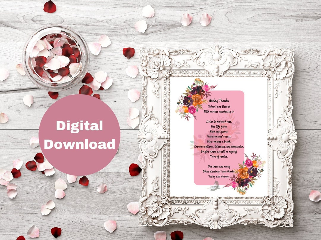 Giving Thanks Poetry Printable Wall Art Rose Accents, Grateful Poem ...
