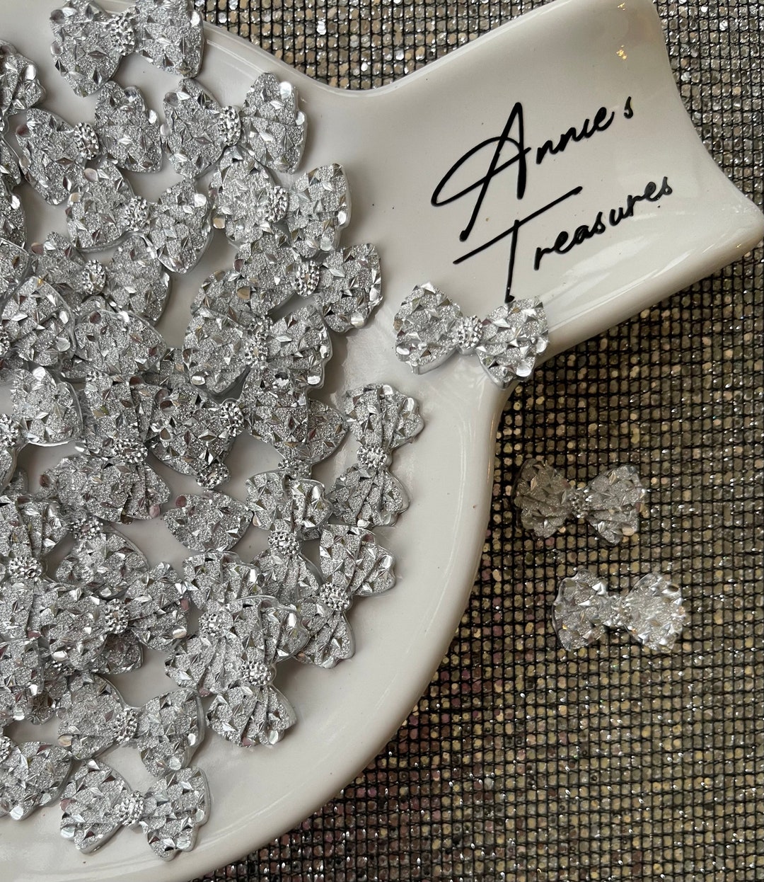 Silver Sparkle Bow Cabochons | Bows for Fake Baking | Flat Back Silver ...