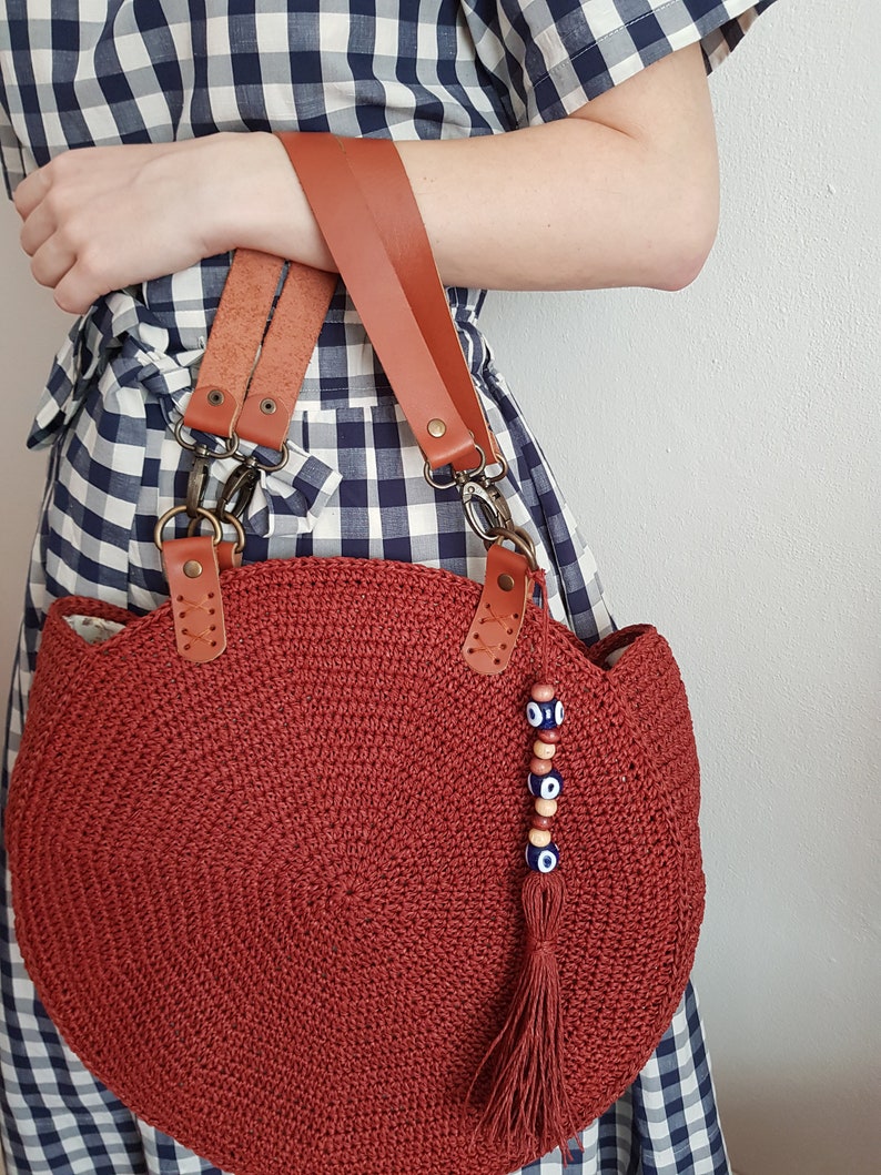 Paper Straw Shoulder Round Bag With Real Leather Handles - Etsy