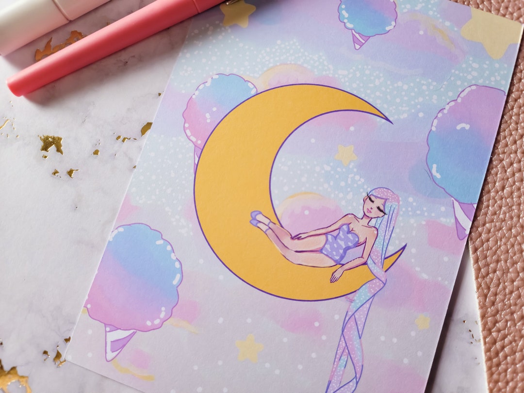Cotton Candy Moon Art Print - Cute Cozy Wall Art - Kawaii Anime Food ...