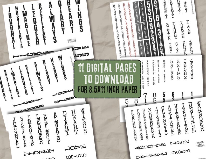 VERTICAL Grunge Words & Numbers for Junk Journals - 11 Digital Pages - Etsy