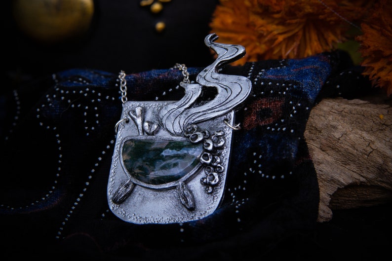 Cauldron of Bones Moss Agate Halloween Pendant - Etsy