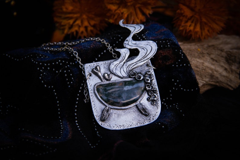 Cauldron of Bones Moss Agate Halloween Pendant - Etsy