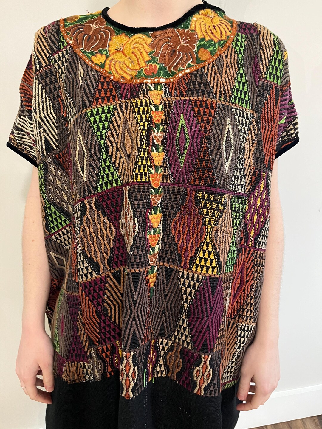 Vintage 1960s-1970s Authentic Handmade Black and Brown Embroidered Floral Huipil Traditional ...