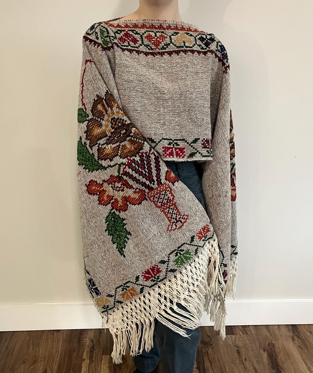 Vintage Mid Century Handmade Gray and Orange Floral Embroidered Cotton ...
