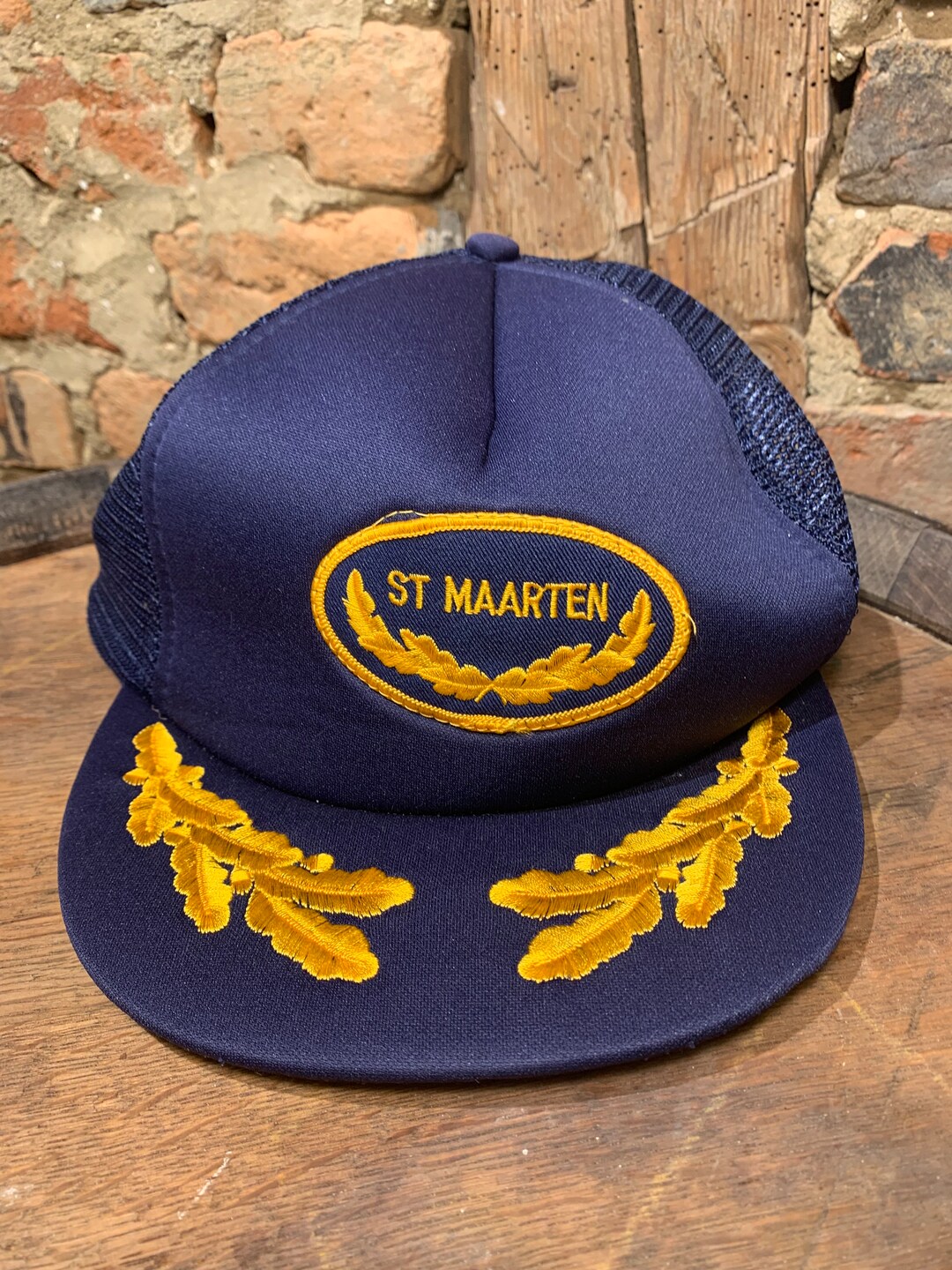 Vintage 1970s St Maarten Navy Blue and Gold Embroidered Snapback Hat - Etsy
