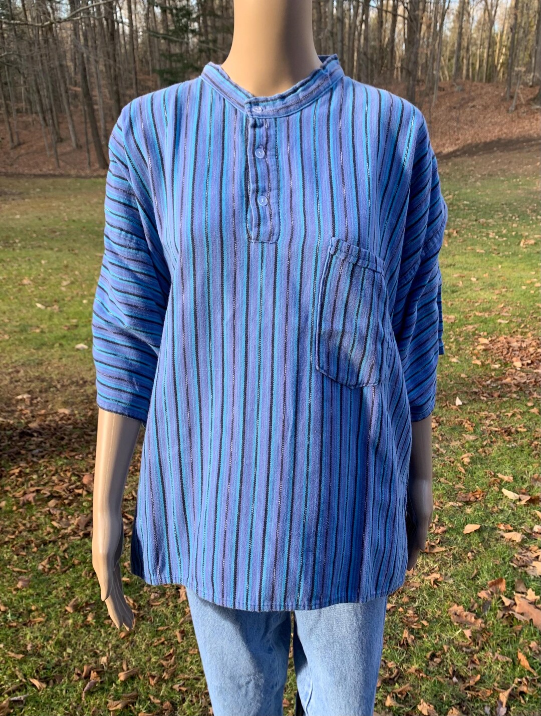 Vintage 1960s-1970s Blue and Purple Pinstriped Short Sleeve Flannel ...