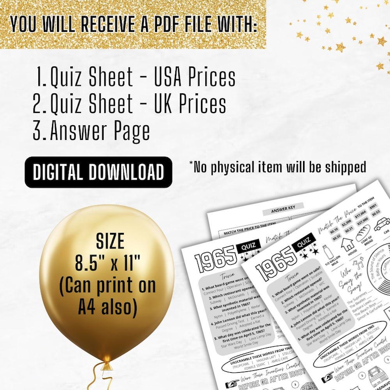 1965 Quiz | Born in 1965 Print | Trivia Printable Game | 61st Birthday ...