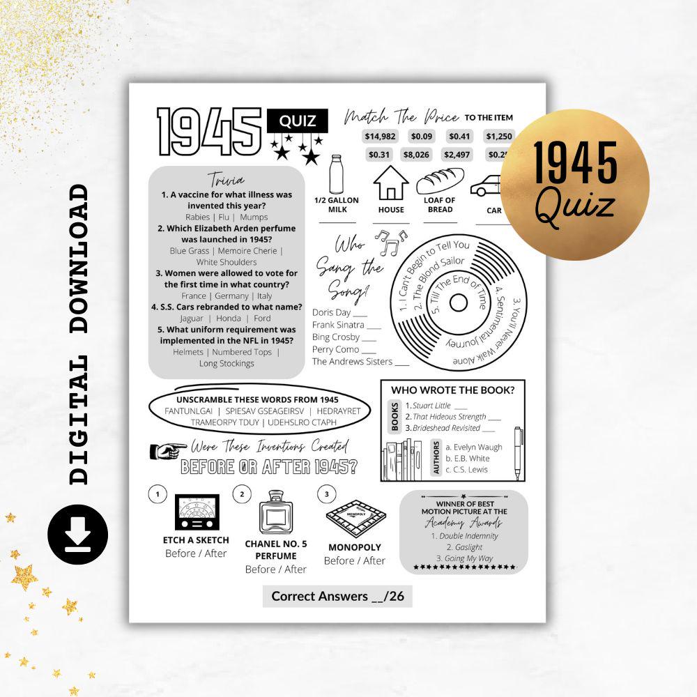 1945 Quiz | Born in 1945 Print | Trivia Printable Game | Birthday Party ...