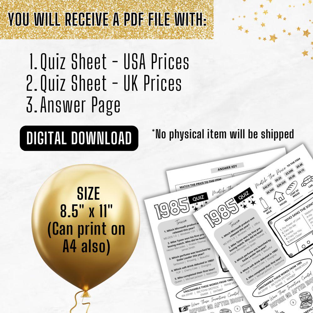 1985 Quiz | Born in 1985 Print | Trivia Printable Game | 40th Birthday ...