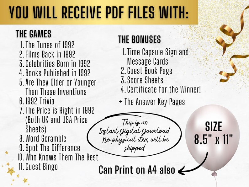 1992 Birthday PARTY GAMES Bundle | Born in 1992 34th Birthday Games ...